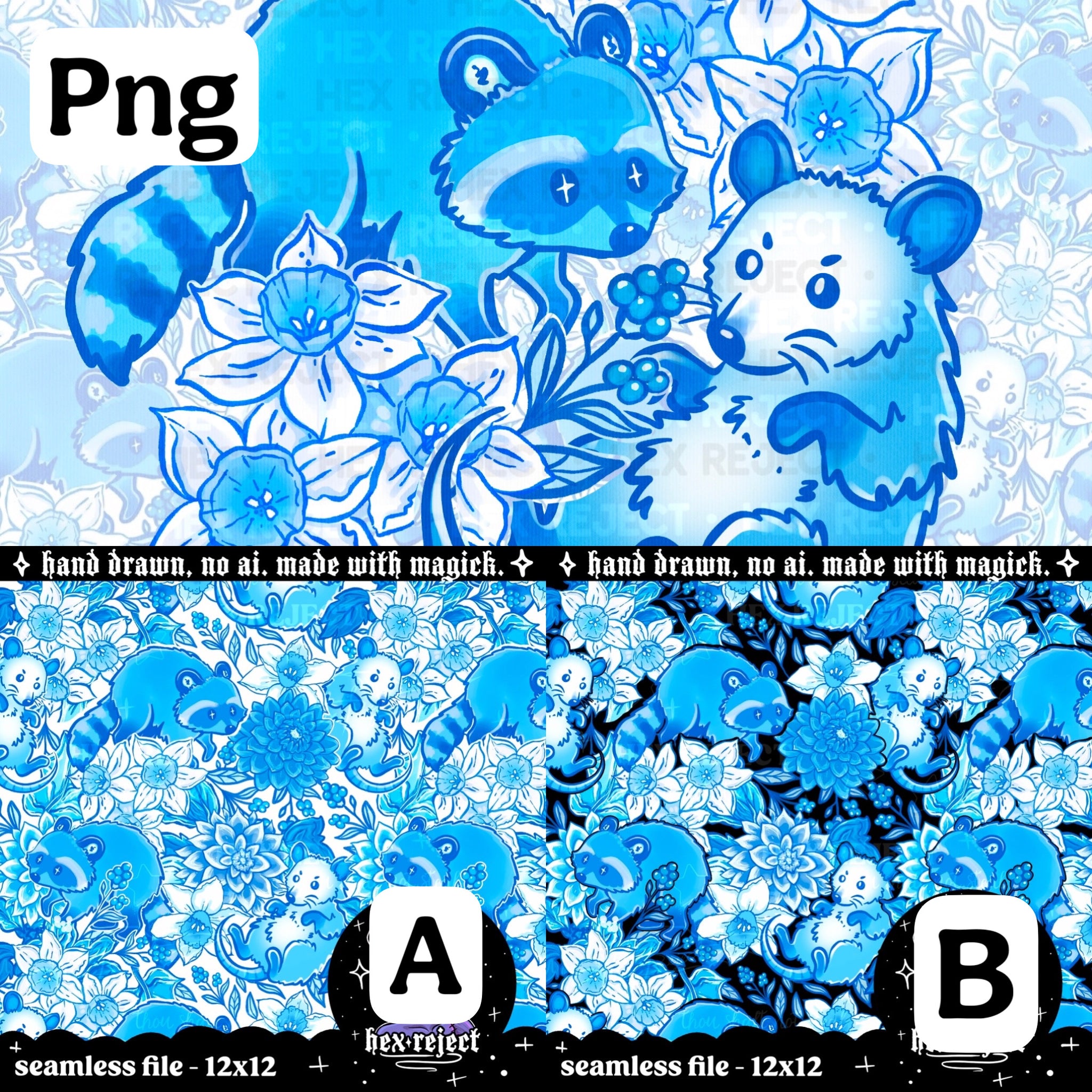 Feral - Blue Porcelain Raccoons and Opossums - Seamless & PNG files